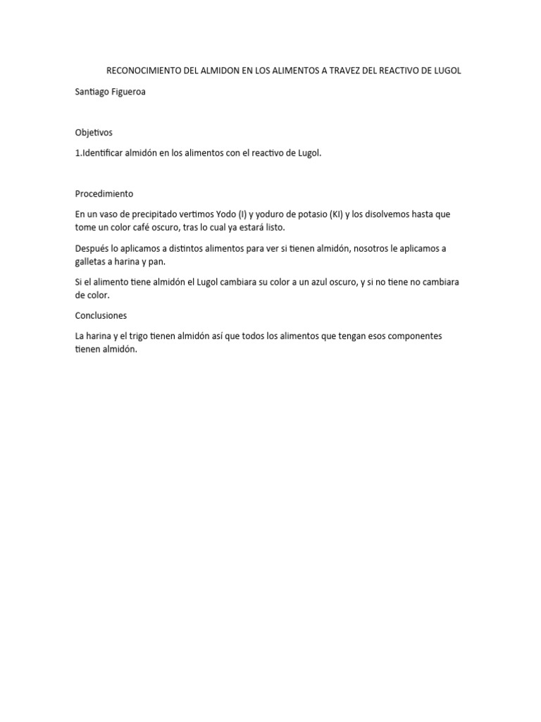 Identificación de Almidón con Lugol | PDF