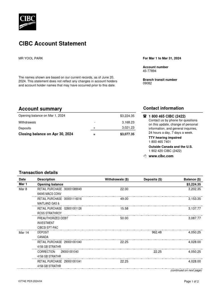Canadian Onlinestatement-1 | PDF | Debit Card | Deposit Account