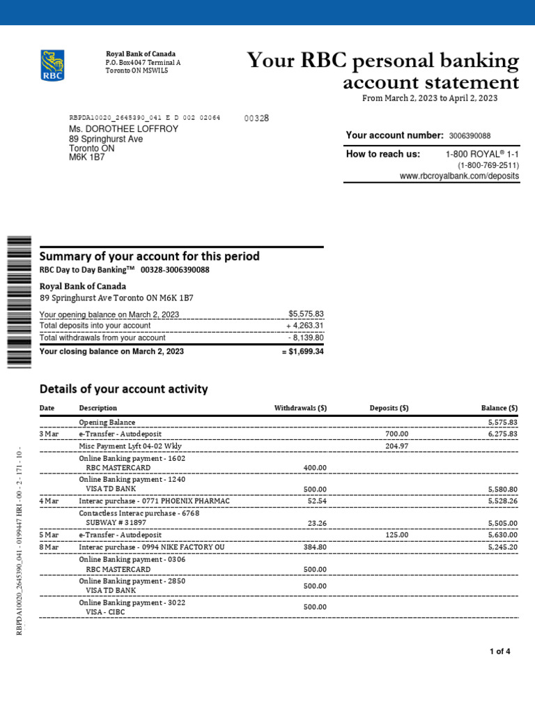 My RBC Bank Statement DOROTHEE LOFFROY | Download Free PDF | Banks | Cheque