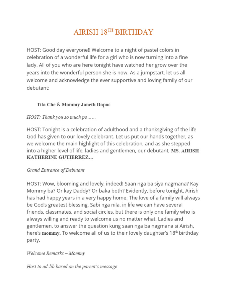 18TH Birthday Script | PDF | Birthdays | Observances
