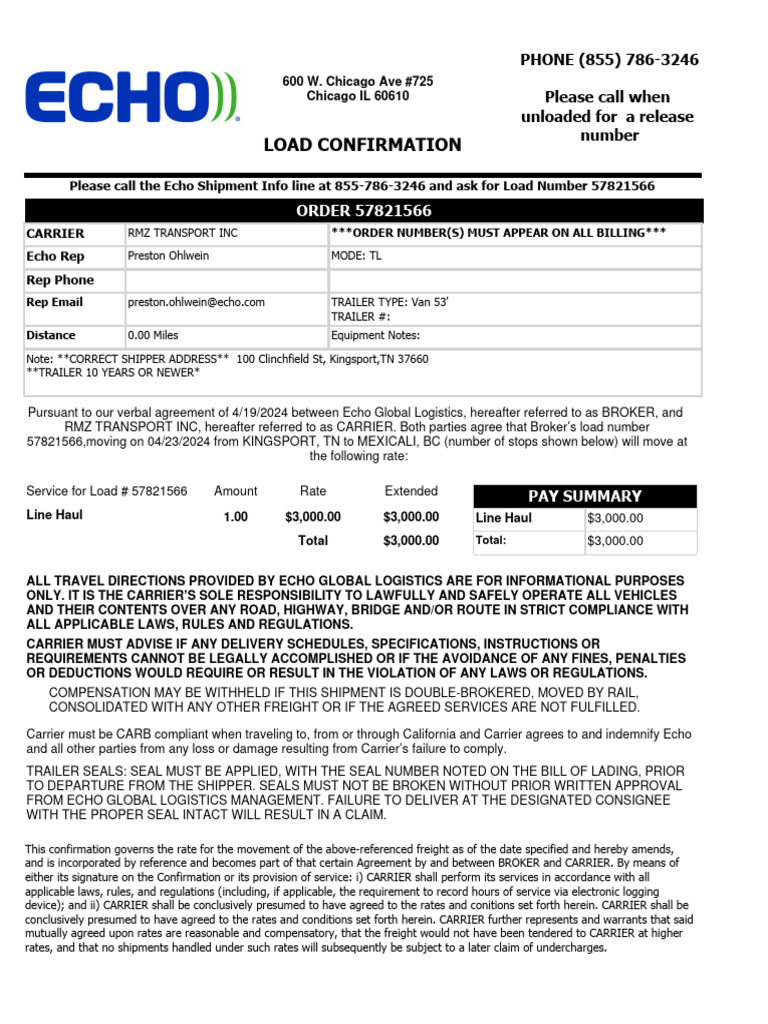 Rate Confirmation for Load 57821566 | PDF | Cargo | Transport