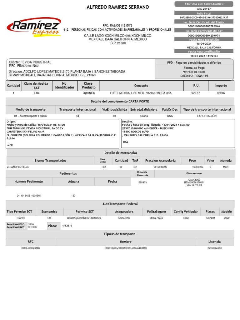Carta Porte: Transporte Internacional Mexicali | PDF