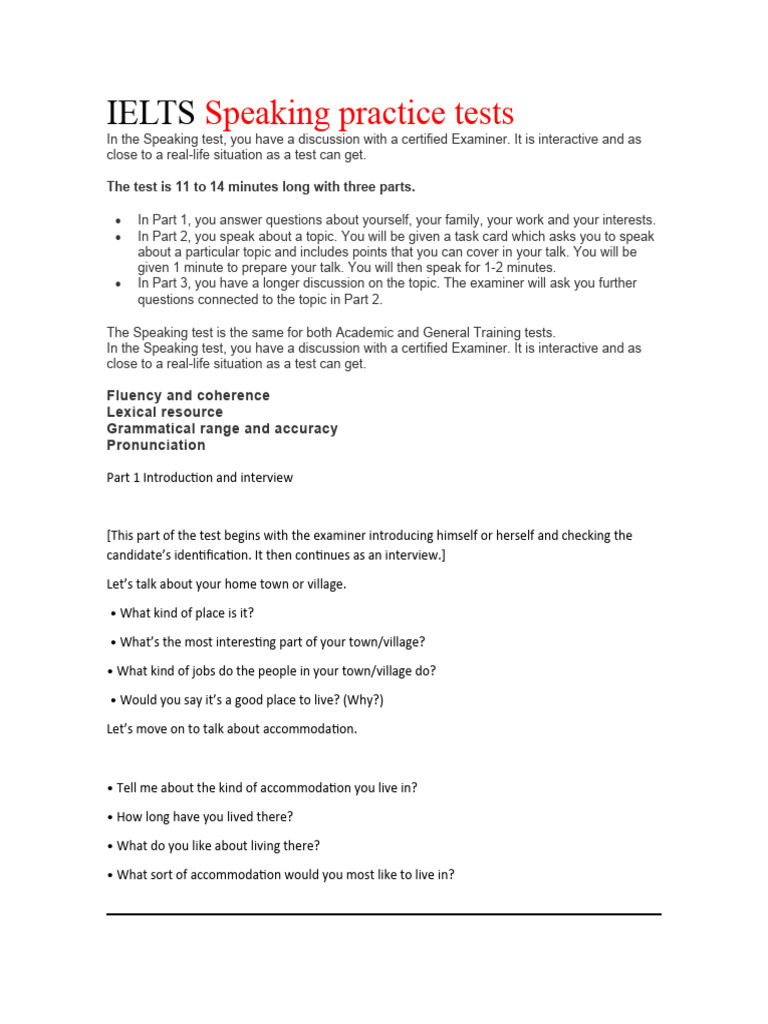 IELTS Speaking Practice Tests 1 | PDF | International English Language ...