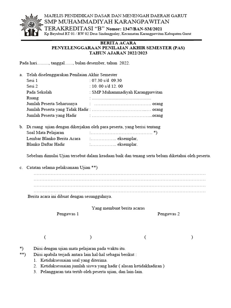 Berita Acara Penilaian Akhir Semester SMP | PDF
