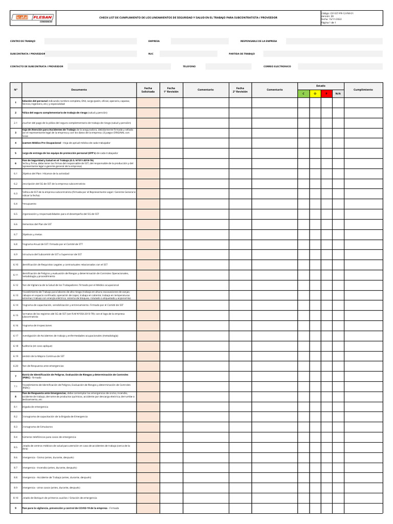 CIF-SST-PR-12-FM-01 Check List Cumplimiento SST Subcontratista - Prov Ver.00 | PDF