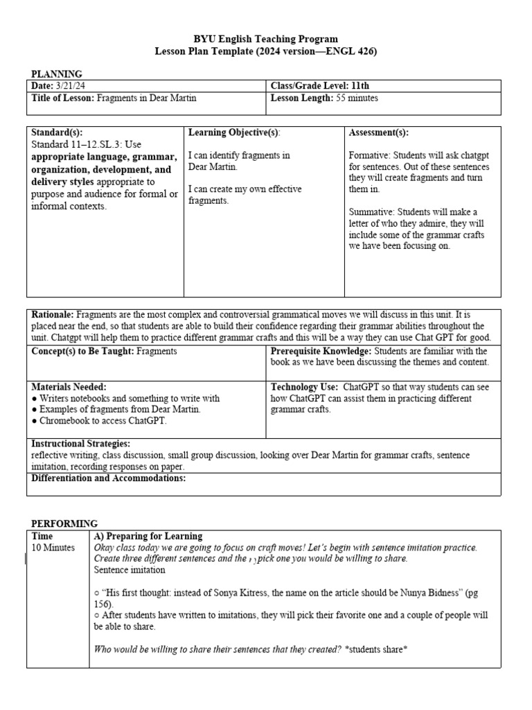 lesson plan-engl 426 4 | PDF | Grammar | Lesson Plan