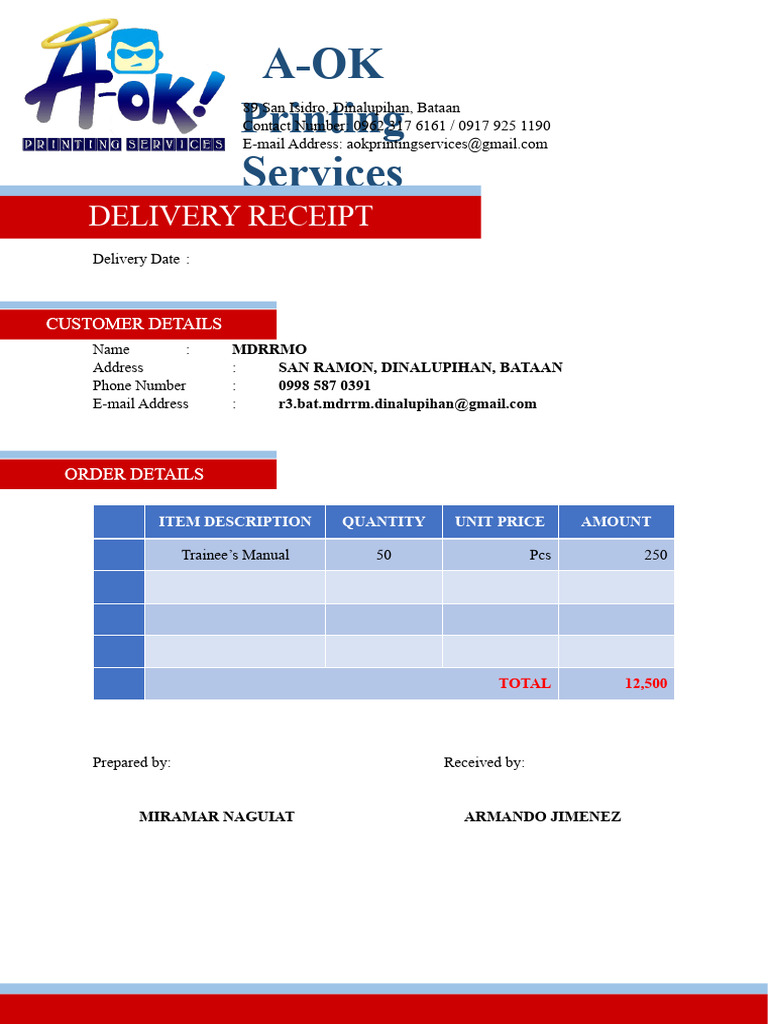 A-OK Printing Services Delivery Receipt | PDF