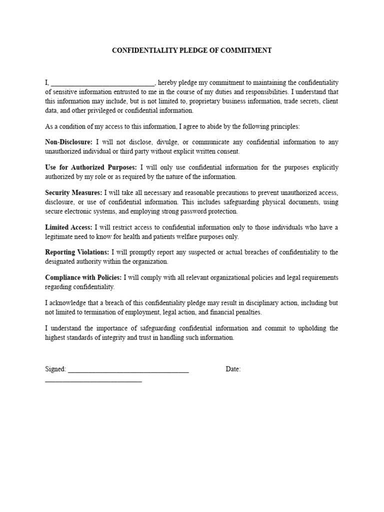 Confidentiality Pledge of Commitment | PDF | Social Science | Law
