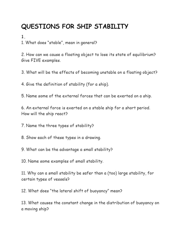Questions For Ship Stability - Dokmar | PDF | Buoyancy | Ships