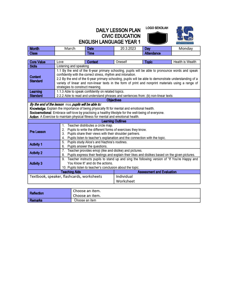 Civic Education Year 1 | PDF | Lesson Plan | Teachers