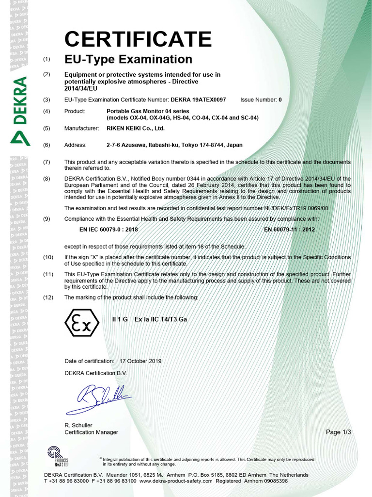 DEKRA EU-Type Certificate for Gas Monitor | PDF