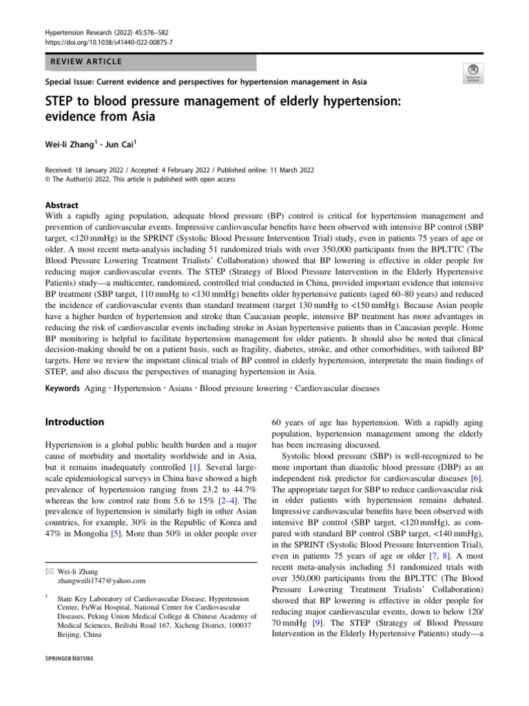 STEP To Blood Pressure Management of Elderly Hypertension: Evidence From Asia | Download Free ...