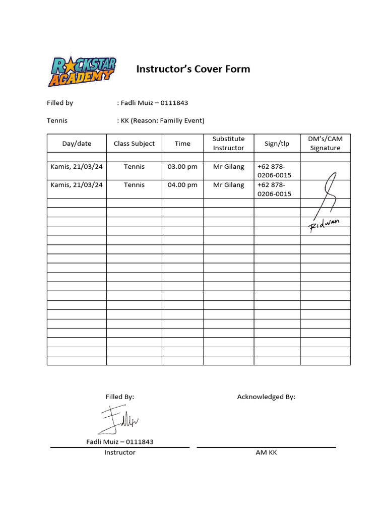 Tennis Class Instructor Cover Form | PDF