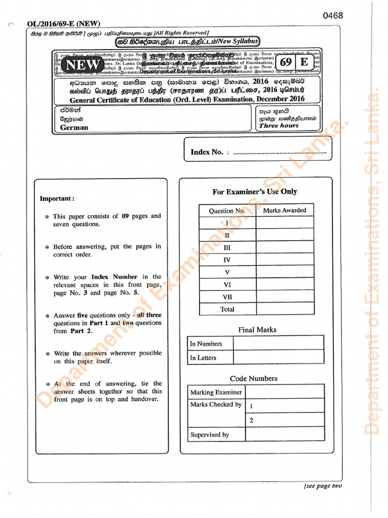 Gce Ordinary Level Exam 2016 German Past Papers 61a75144499ff | PDF ...
