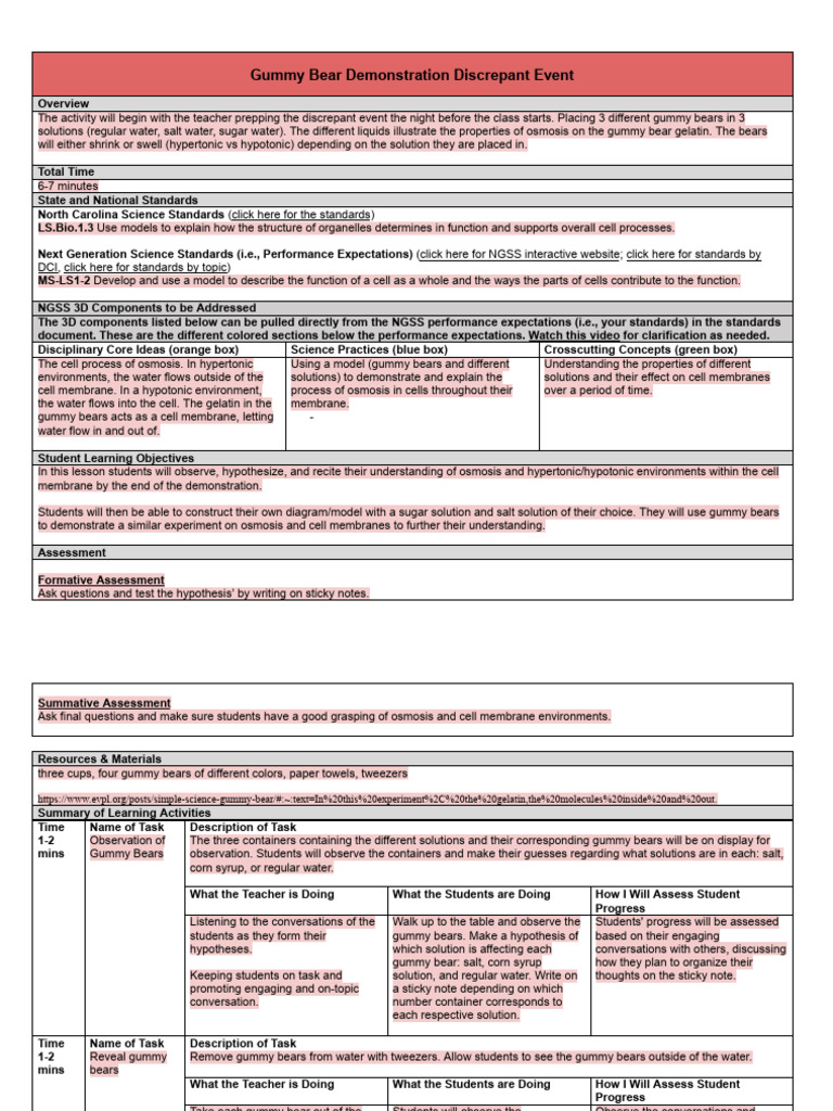 Discrepant Event Lesson Plan Gummy Bear Demonstration | PDF | Osmosis ...