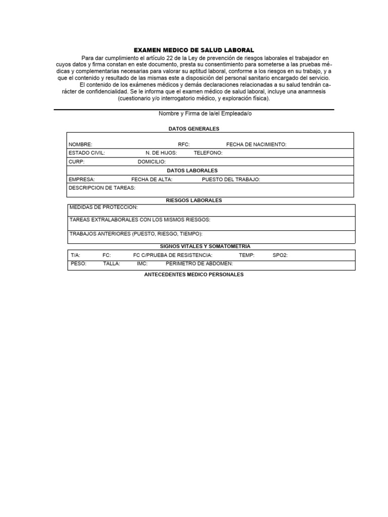 Formato Examen Médico Laboral 2024 | PDF | Seguridad y salud ...
