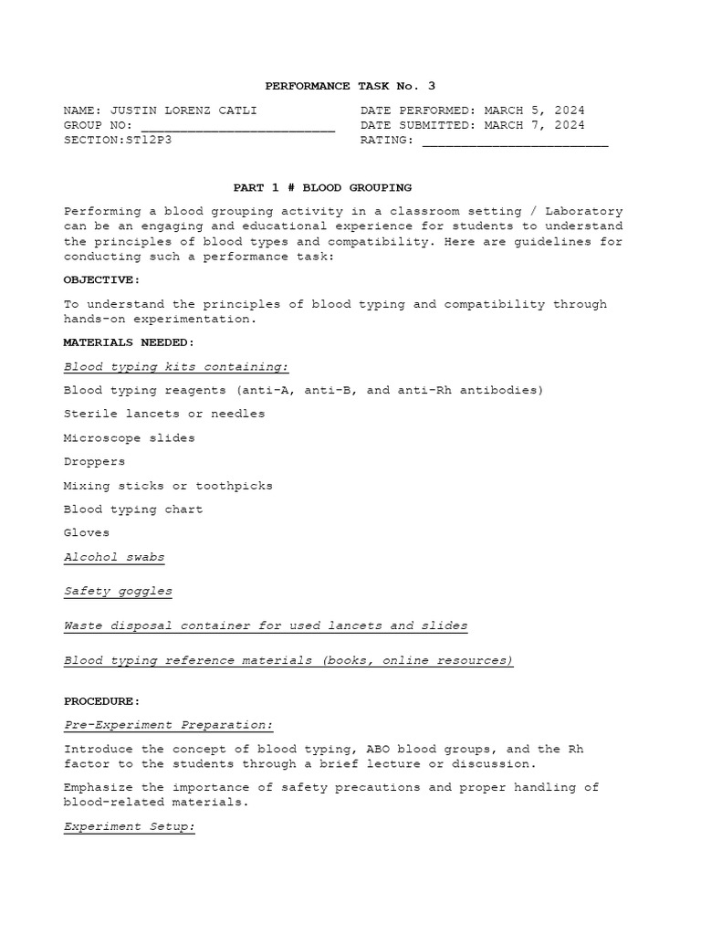 Performance Task No. 3 Docx Blood Grouping Catli, Justin Lorenz | PDF ...
