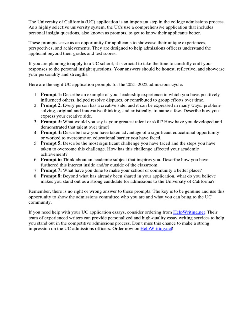 Uc Application Prompts | PDF | University And College Admission | University Of California