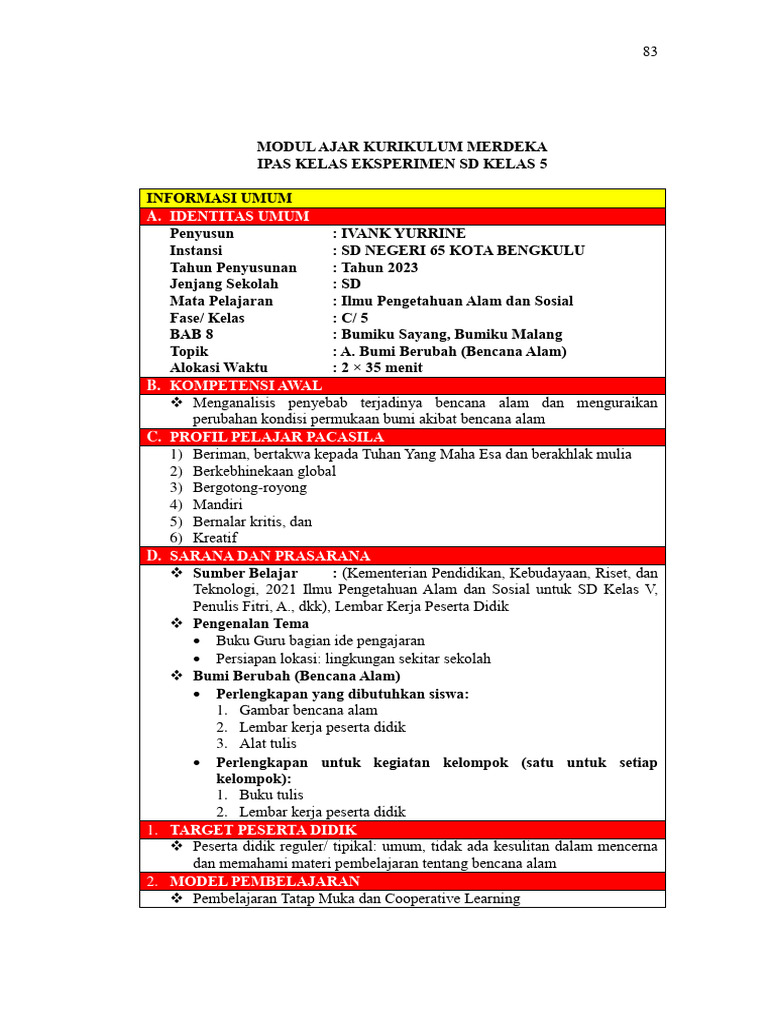 Modul Ajar Bencana Alam Kelas 5 SD | PDF