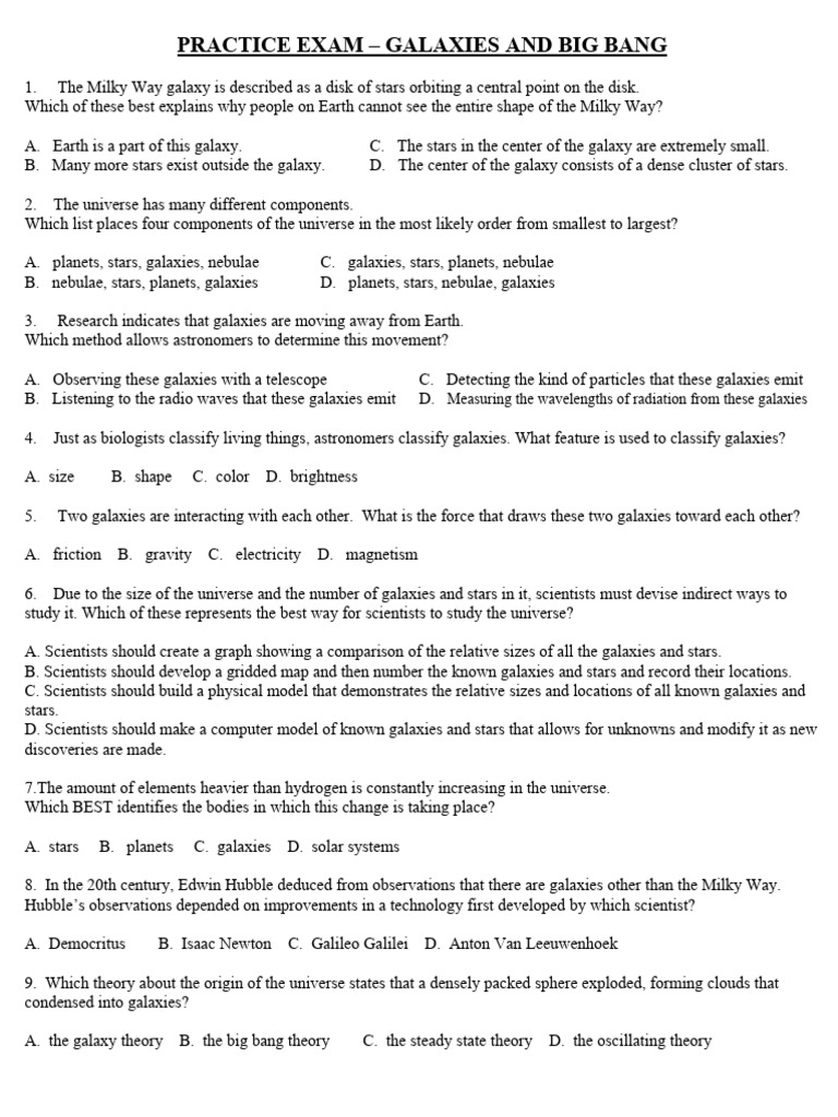 Practice Questions - Galaxies, Big Bang | PDF | Stars | Milky Way