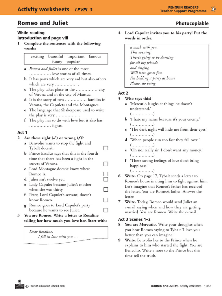 Romeo and Juliet Activity Worksheets | PDF | Characters In Romeo And ...
