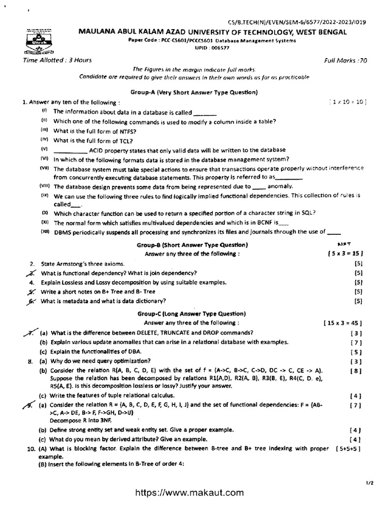 Btech PCC Cse 6 Sem Database Management Systems PCC Cs601 2023 | PDF