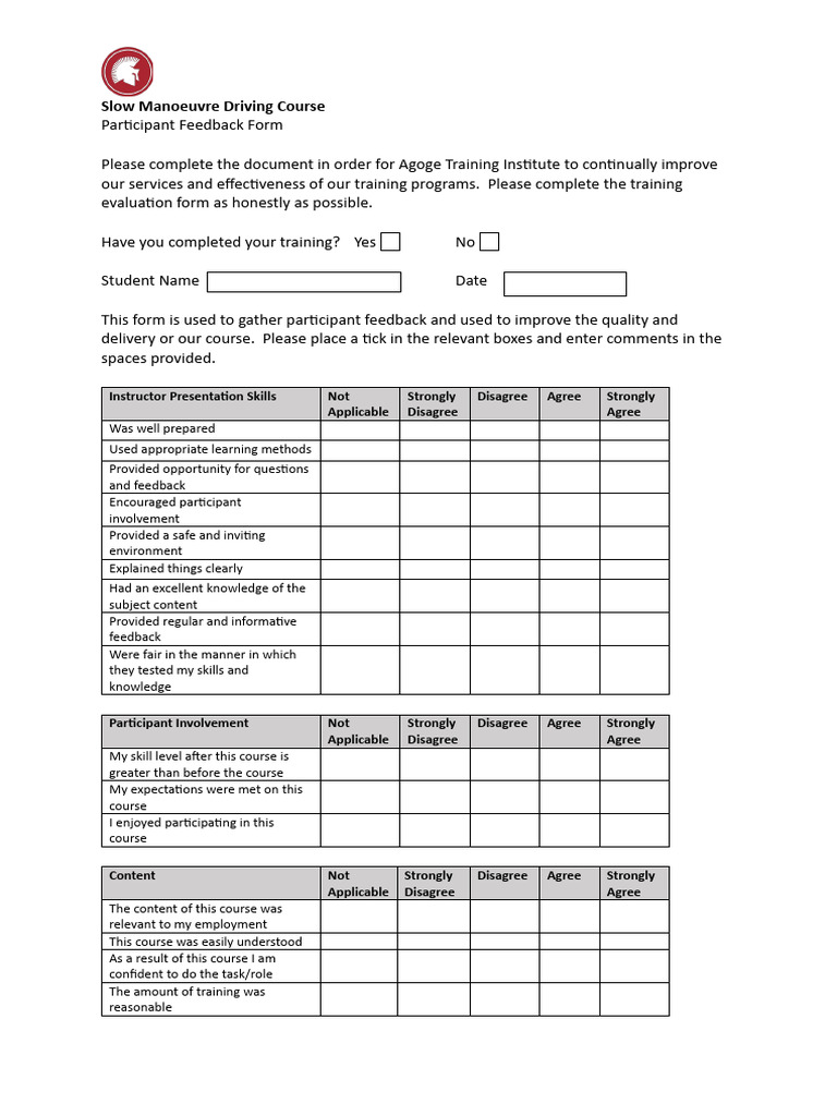 Slow Manoeuvre Driving Course Feedback Form | PDF | Knowledge | Human Communication
