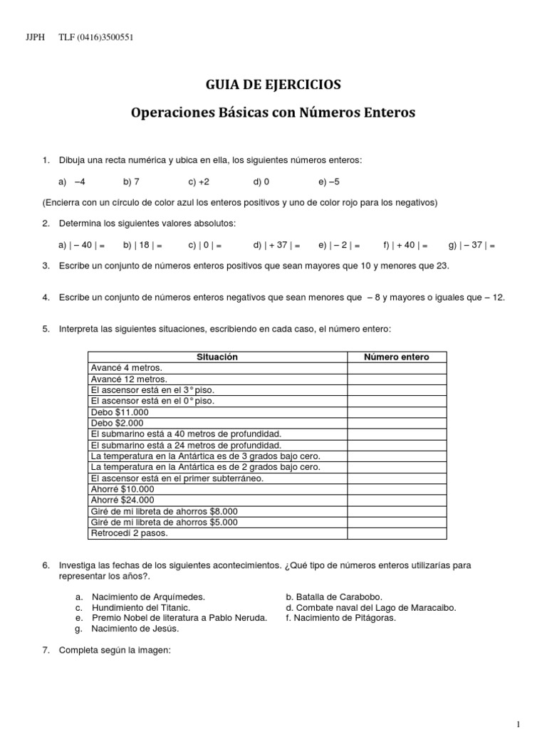 Operaciones Basicas Con Numeros Enteros 7mo | PDF | Entero | Números