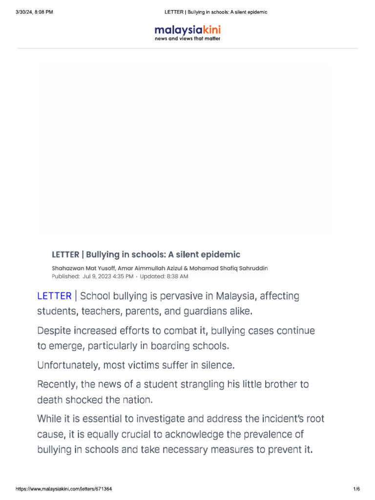 Letter Bullying in Schools - A Silent Epidemic | PDF