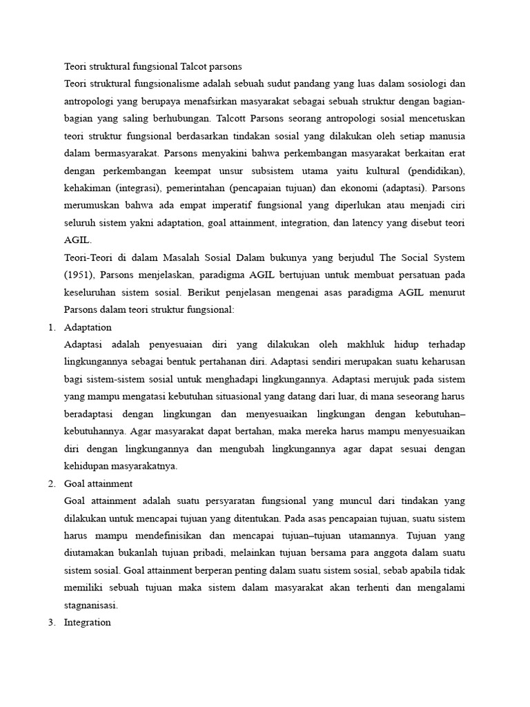 Teori Struktural Fungsional Talcot Parsons | PDF