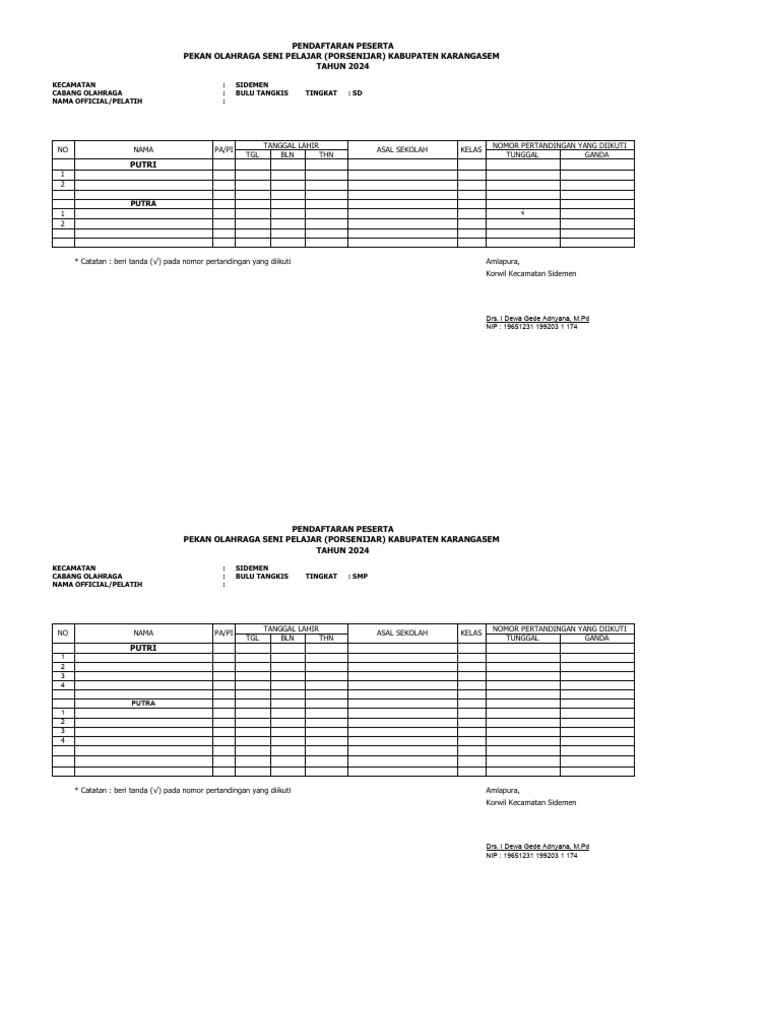 Blanko Pendaftaran Porsenijar 2024 | PDF