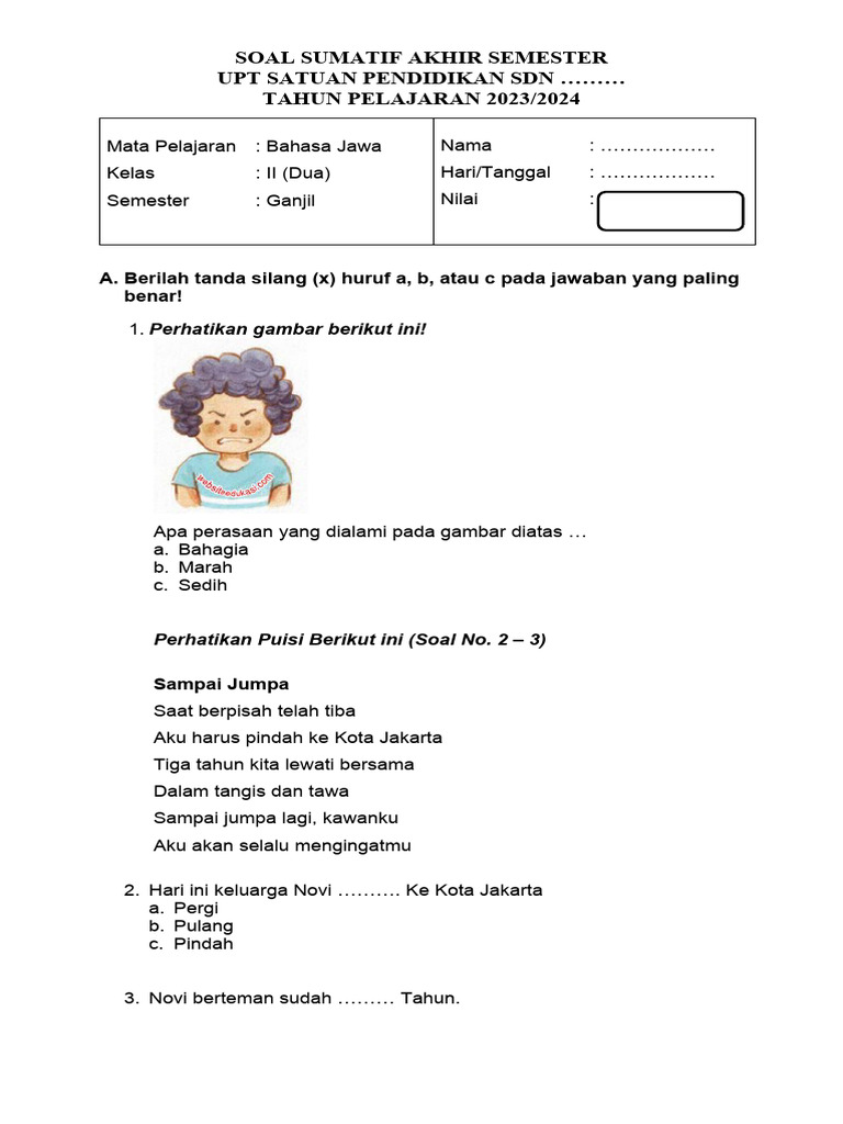 Soal SAS B.Indonesia Kelas 2 Sem.1 | PDF