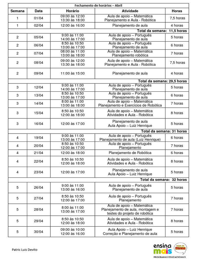 Horários - Abril | PDF