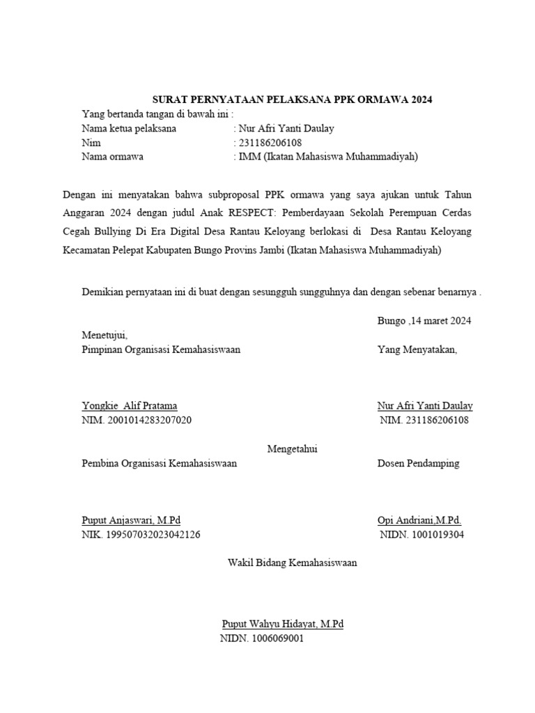 Surat Pernyataan Pelaksana PPK Ormawa 2024 | PDF