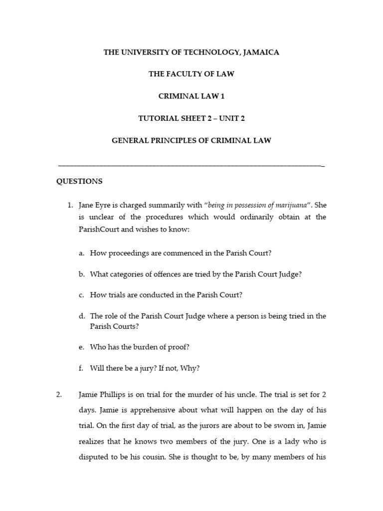 Criminal Law Principles Tutorial Sheet | PDF | Theft | Trials