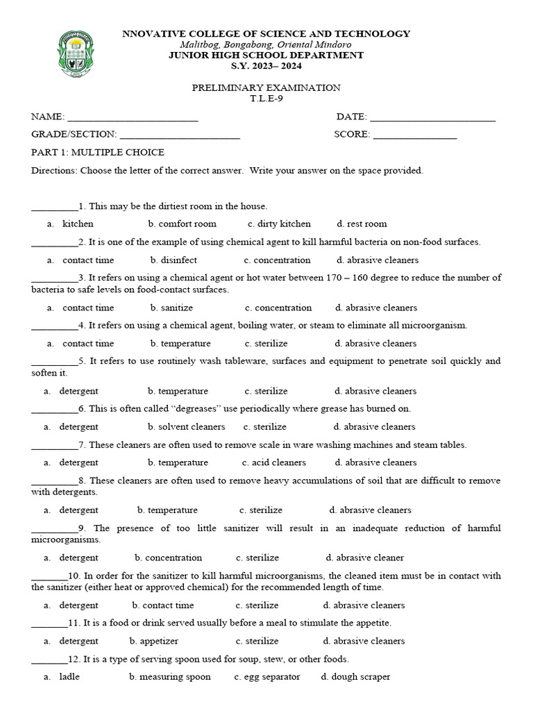 Exam TLE 9 | PDF | Knife | Disinfectant