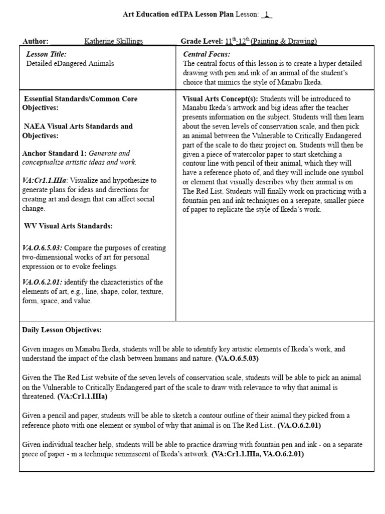 Endangered Animals Art Lesson Plan | PDF | Drawing | Teachers