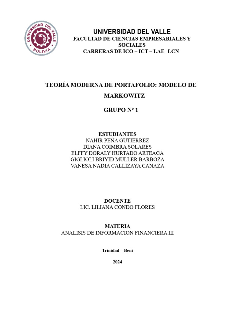 Portafolio Modelo de Markowitz DOC. OFICIAL | PDF | Modelo de fijación ...