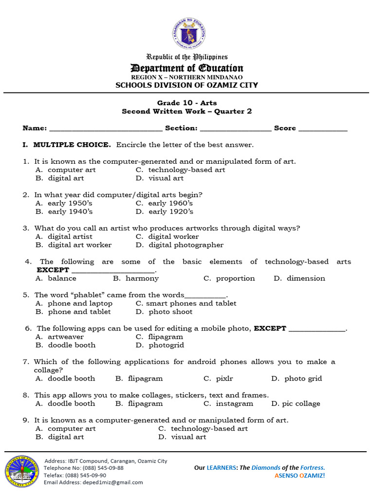 Arts 10 Assessment Q2 Weeks 3 and 3 | PDF | Camera | Optics