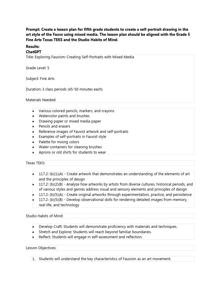 Grade 5 Fauvism Self-Portrait Lesson | PDF | Drawing | The Arts