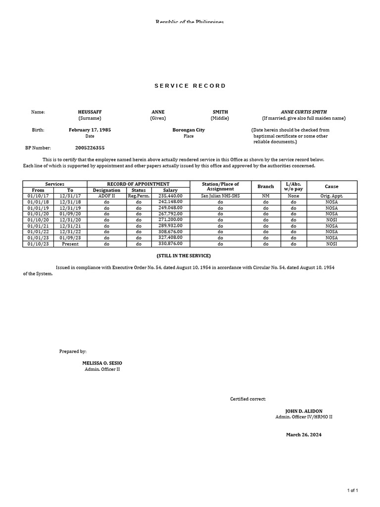 Service Record Sample | PDF