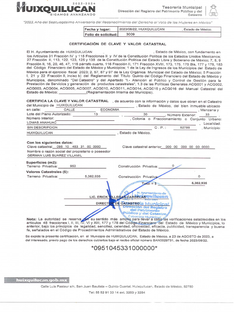 Certificado de Clave y Valor Catastral Lote 30 | PDF