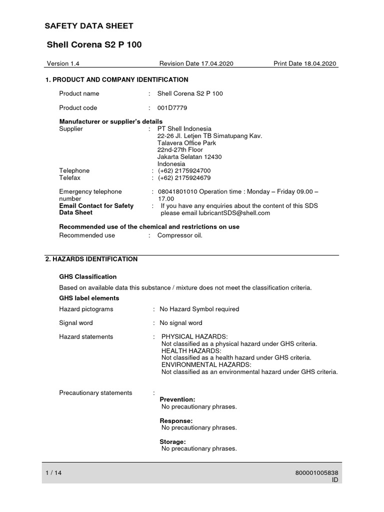 MSDS Shell Corena S2 P 100 EN | Download Free PDF | Toxicity | Waste