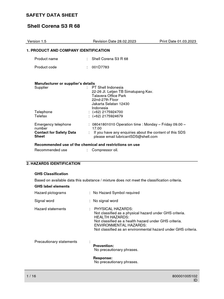 MSDS Shell Corena S3 R 68 EN | PDF | Toxicity | Dangerous Goods