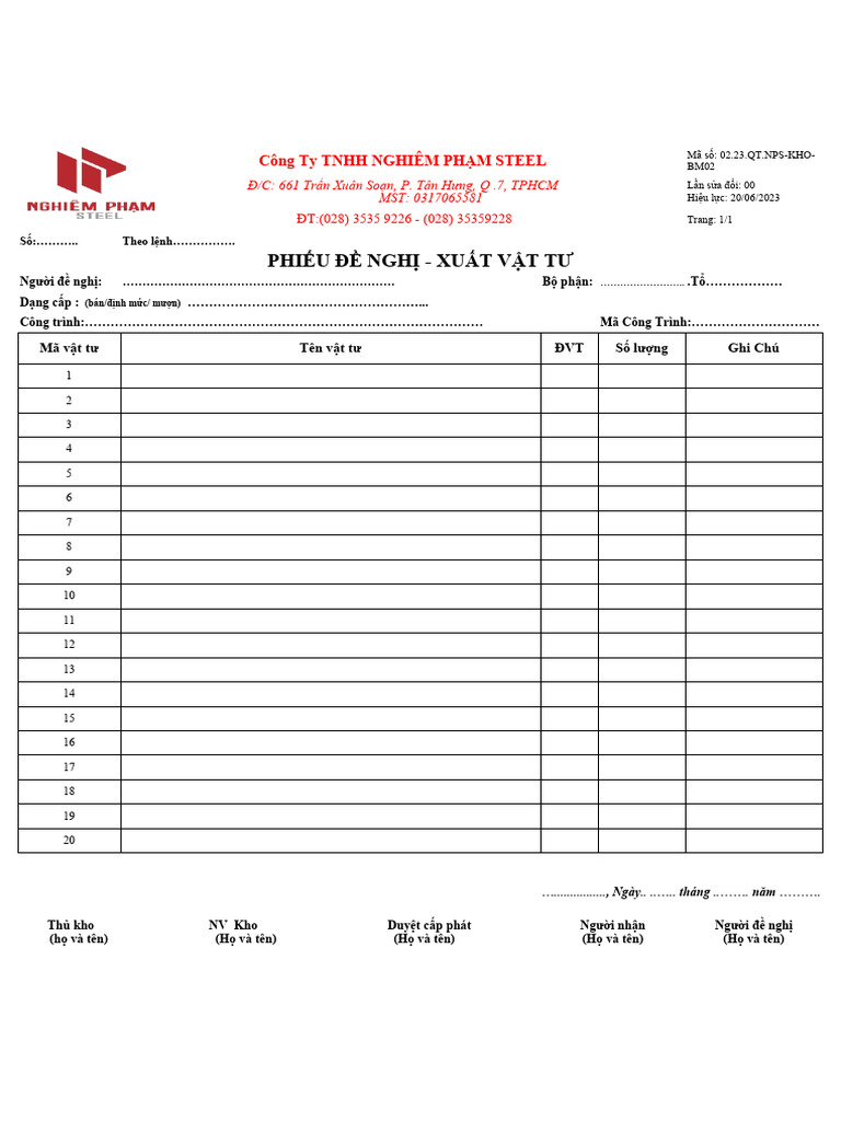02.23.QT - Nps.kho-Bm02 Phieu de Nghi Xuat Vat Tu | PDF