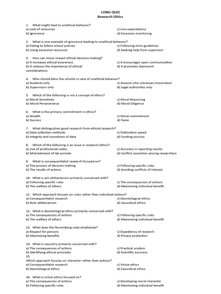 Research Ethics Quiz and Answers | PDF | Integrity | Conflict Of Interest