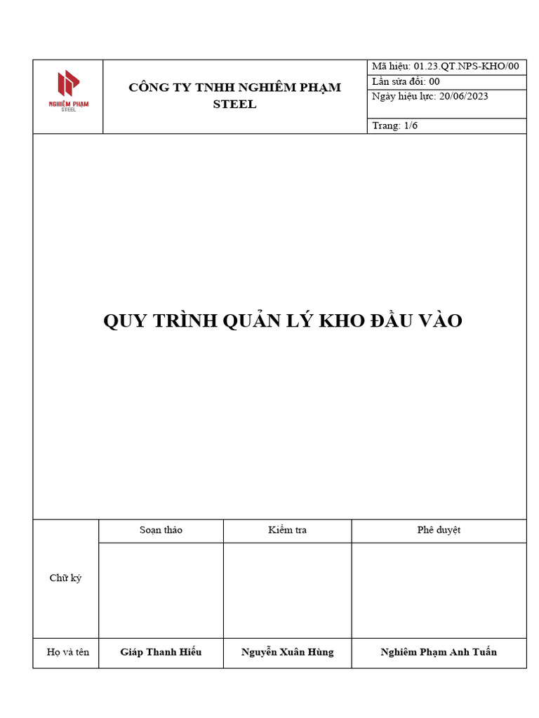 01.23.QT - Nps-Kho Quy Trinh Nhap Kho | PDF