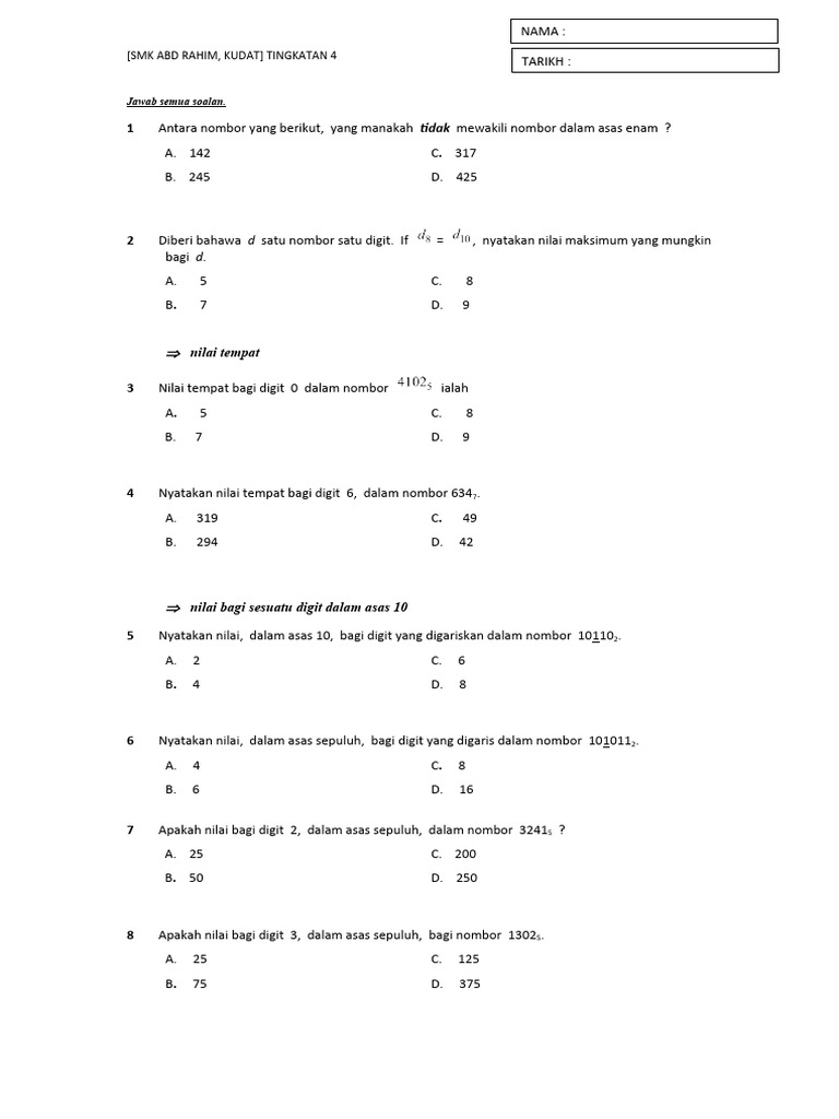 Nombor Asas Matematik Ting 4 | PDF