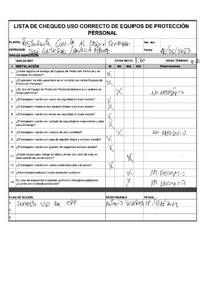 Copia de Lista de Chequeo Uso de EPP Estandar Final2 2 | PDF