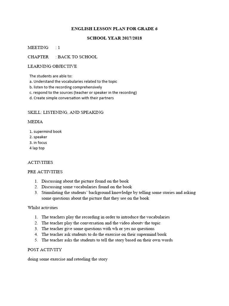English Lesson Plan For Grade 6 | PDF | Vocabulary | Reading Comprehension